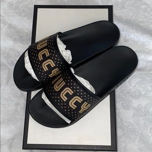 Gucci | Shoes | Gucci Mens Black And Gold Slides | Poshmark